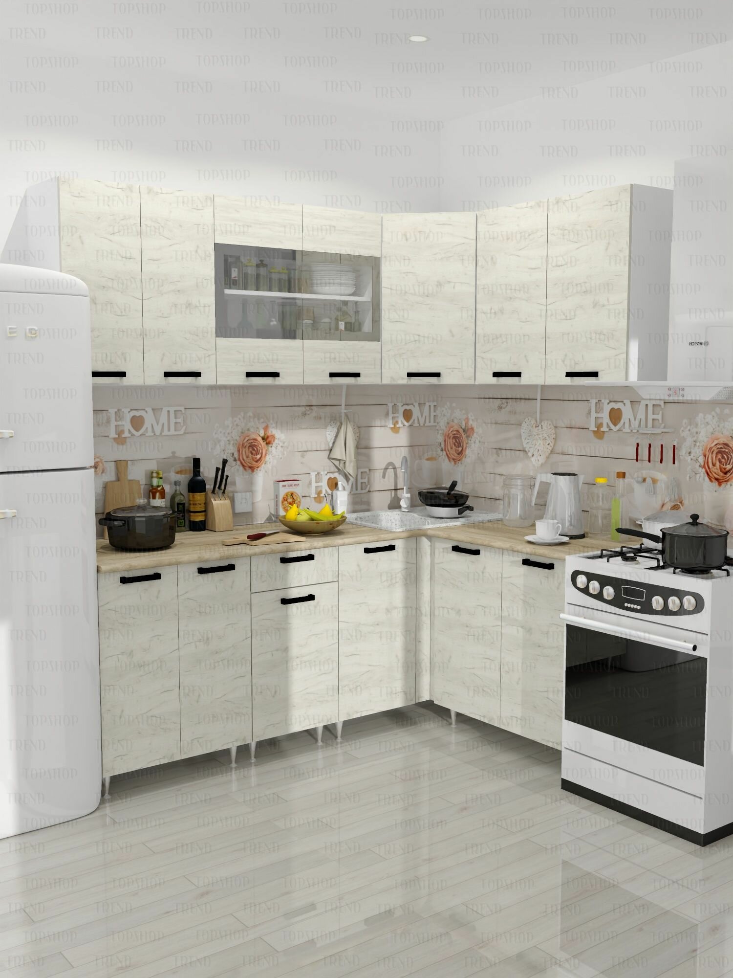 Кухонный гарнитур 200х140 см, Крафт белый /Сонома