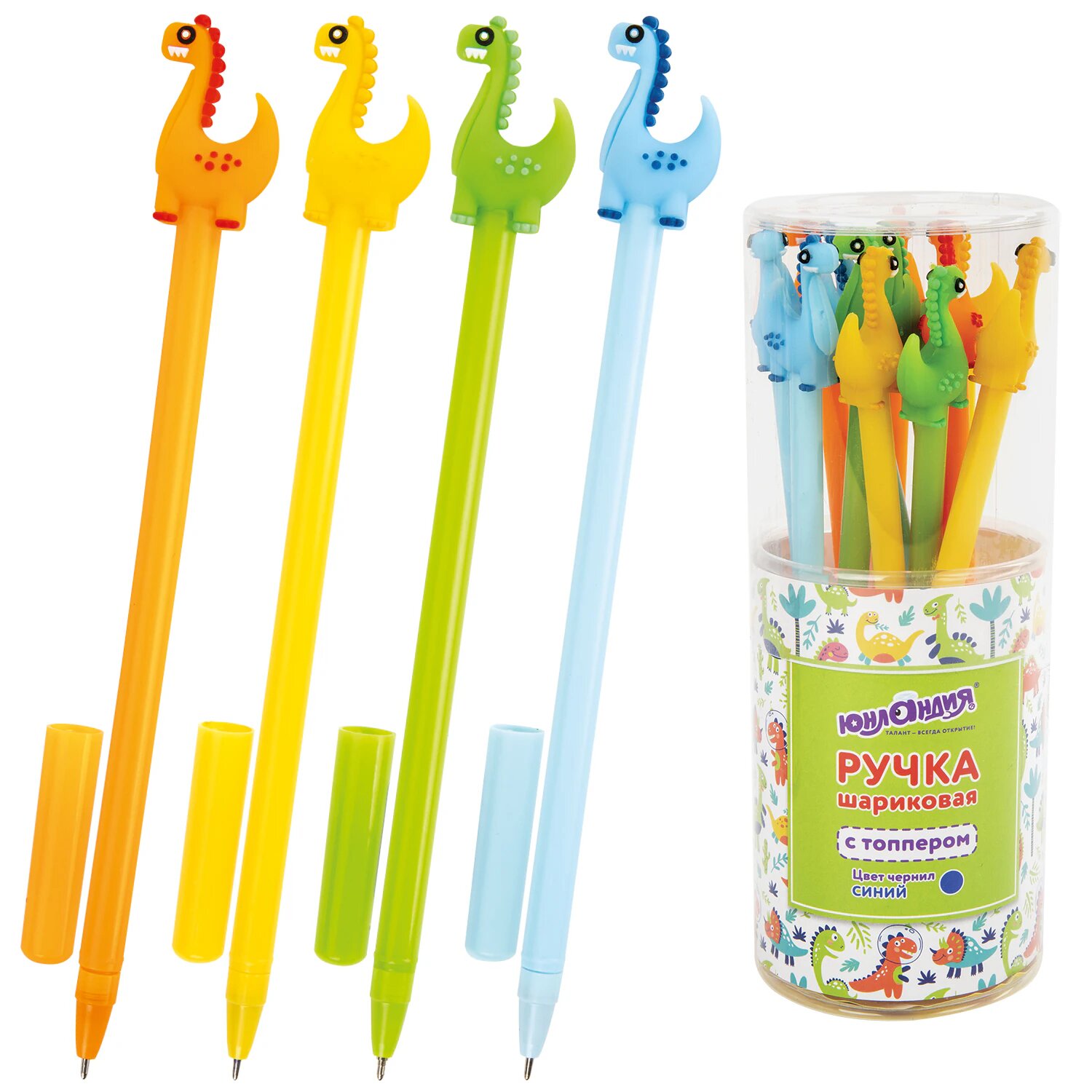 Ручка с топпером шариковая юнландия "Динозаврик", корпус ассорти, синяя, пишущий узел 0,7 мм, 143809 (цена только за 1 шт.)