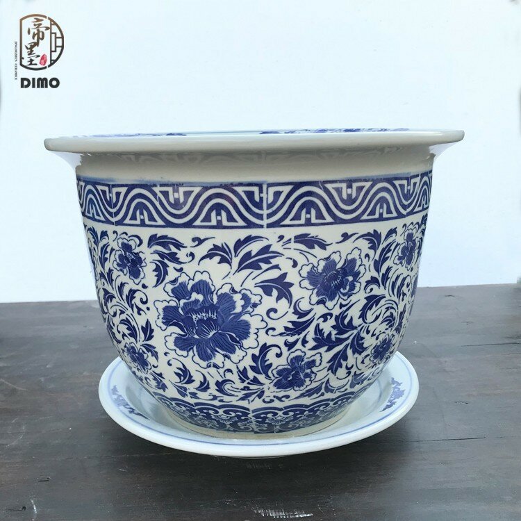 Керамический цветочный горшок Jingdezhen, большой бонсай, цветочная чаша, горшок для растений с поддоном, сине-белый фарфоровый горшок для посадки, оптовая продажа