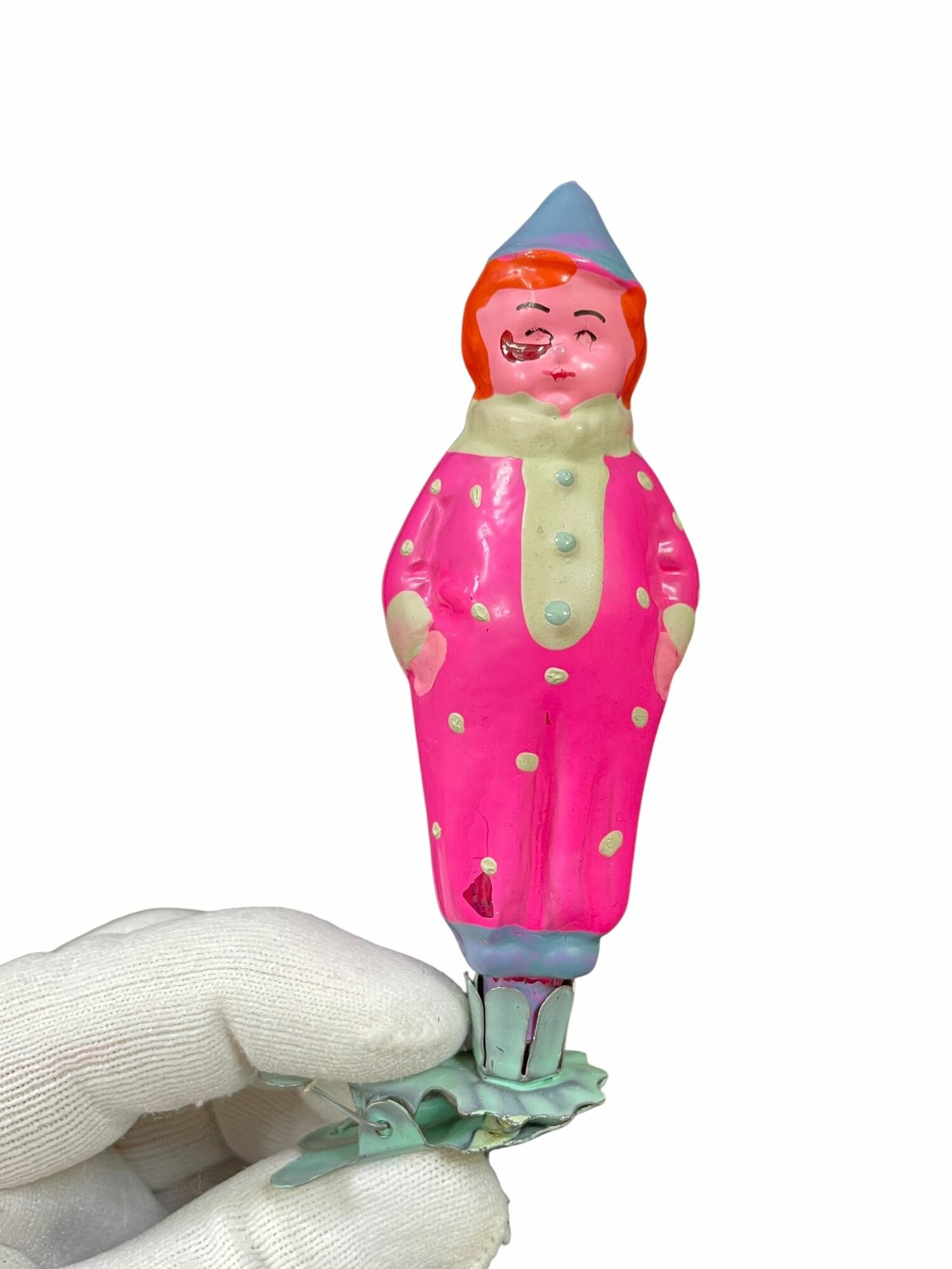 Советская винтажная елочная игрушка на прищепке, мальчик в шубе, сделано в СССР