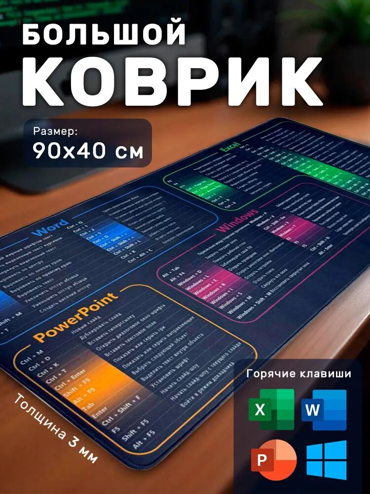 Коврик для мышки большой, игровой коврик для мышки и клавиатуры 90х40 см, горячие клавиши, быстрые команды