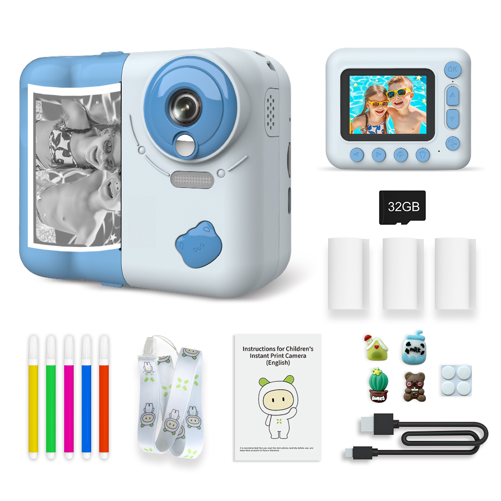 Детская камера моментального печати 1080P с экраном IPS 2.4 дюйма 10X зум встроенная батарея 3.7V 1050mAh с термопечатной бумагой цветными ручками шнурком для шеи 32GB TF кардой Type-C розовый желтый синий зеленый 1 шт камера 1 шт кабель 1 шт шнур 3