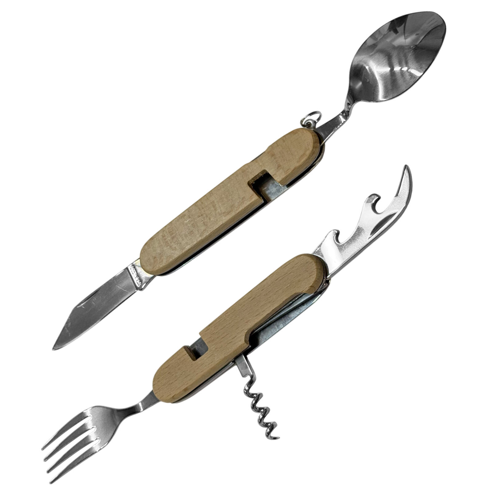 Разборный туристический мультитул со столовыми приборами 6-в-1; компактный корпус 3.5х10.5х4см; вес 200 г.