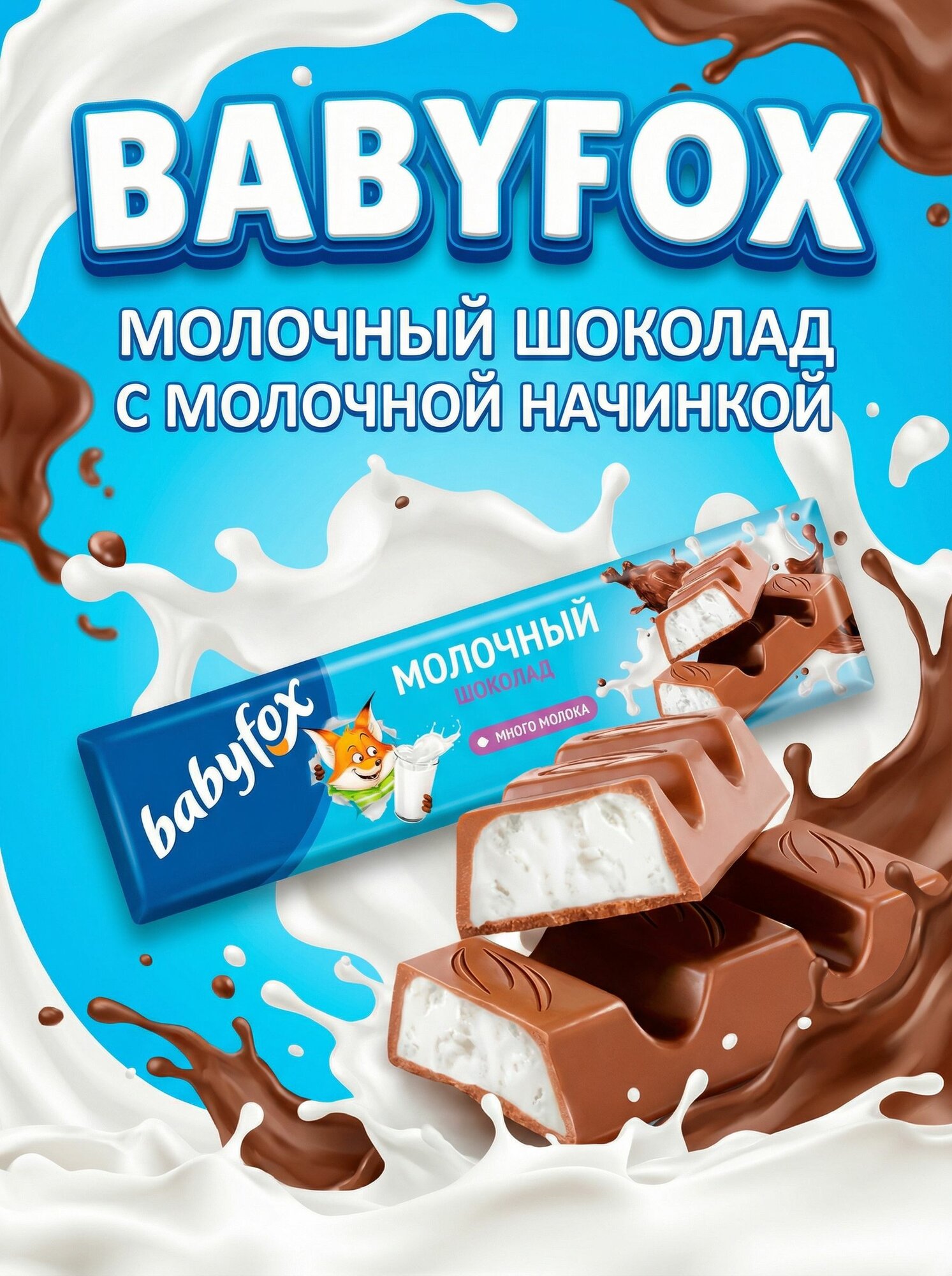 Шоколадный батончик Babyfox, молочный шоколад, с молочной начинкой, 30х45 г