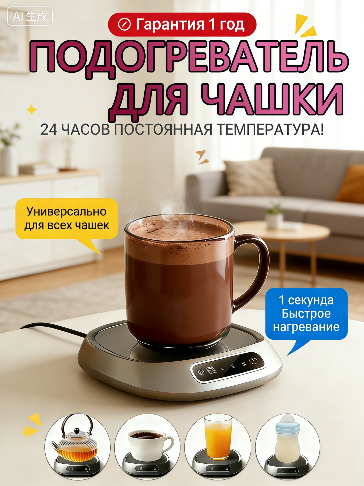 Подставка для подогрева кружки с чаем, кофе, молоком, напитками Термоподставка