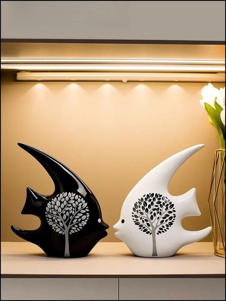 Керамические рыбы ручной росписи с деревом (пара) Декор для дома, подарок на свадьбу