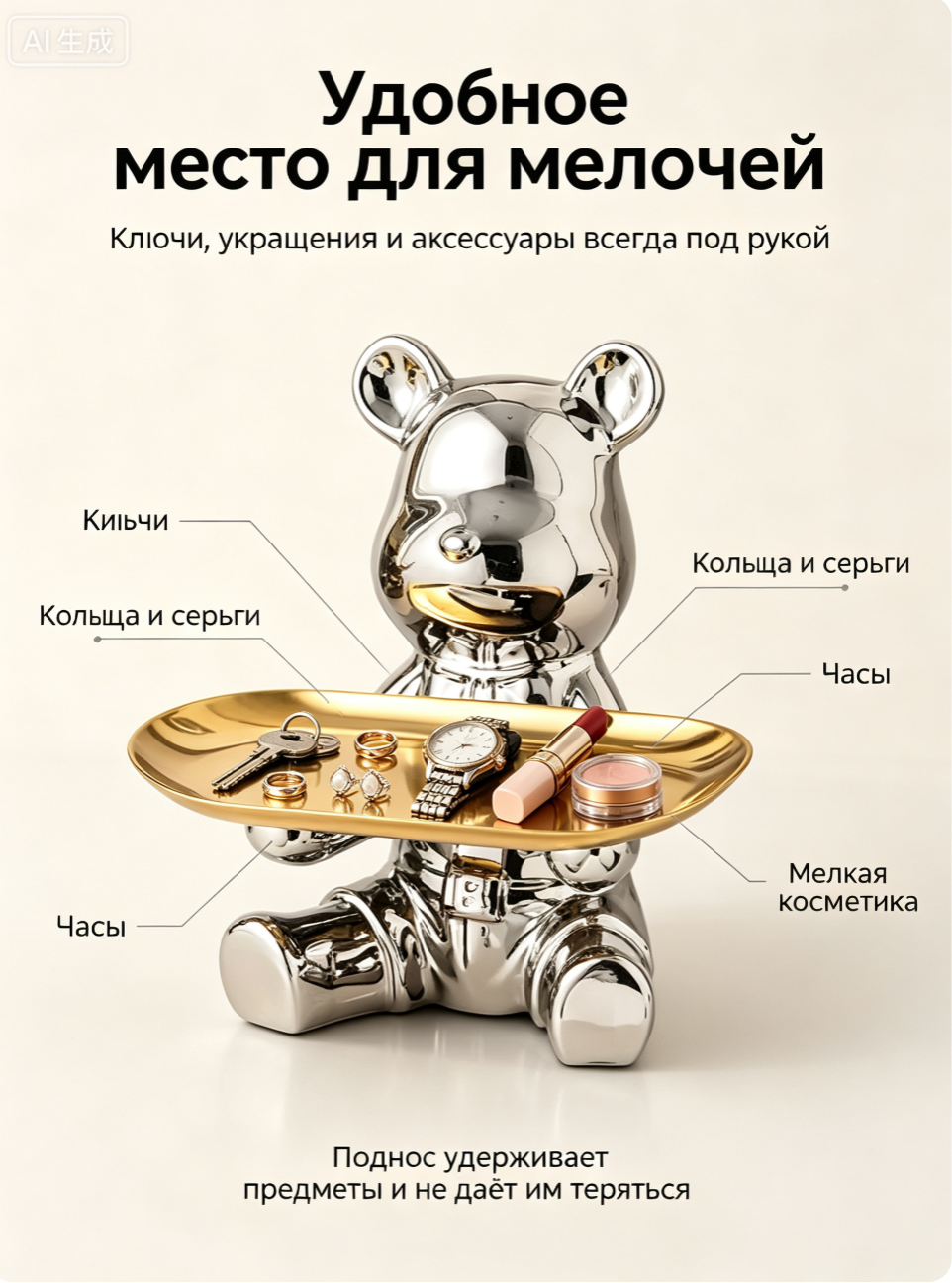 Статуэтка Серебристый мишка-органайзер, высота 21 см, длина 19 см