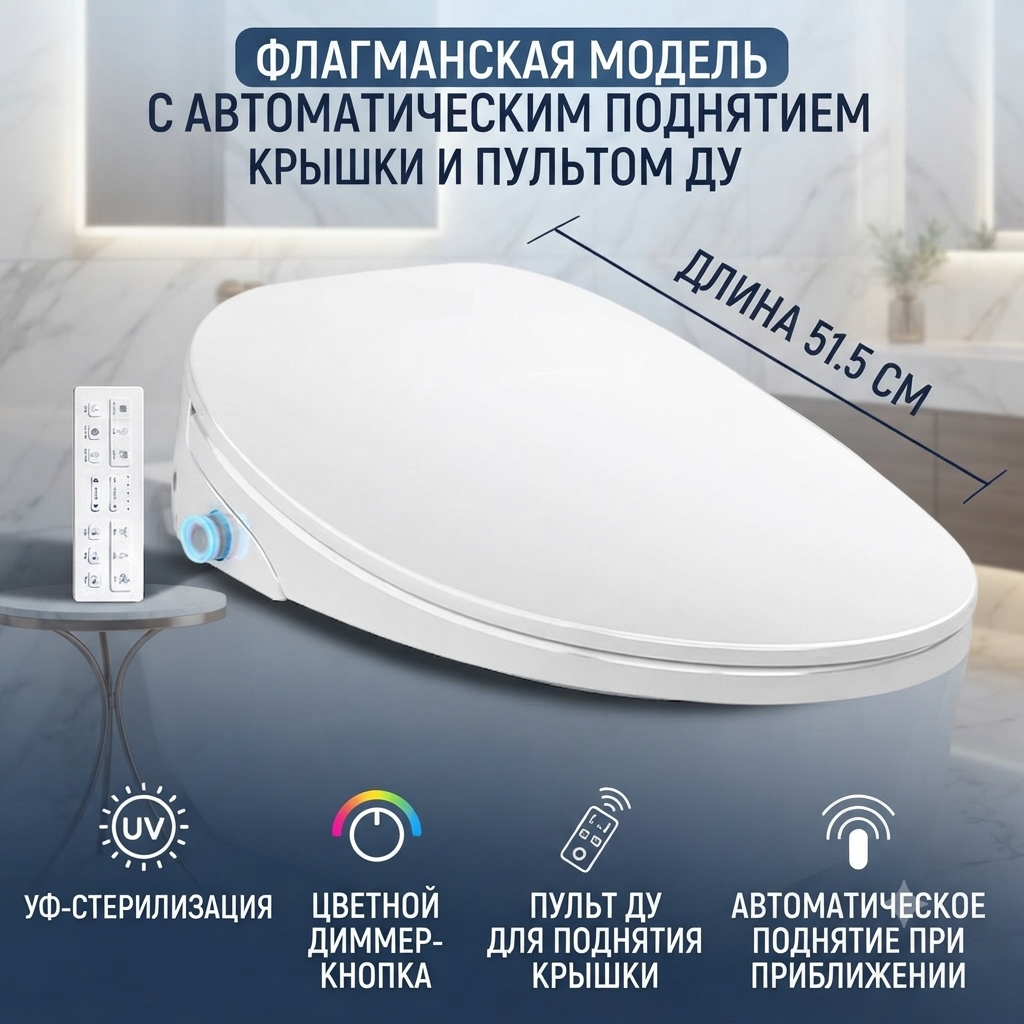 Электронная крышка-биде / Умный унитаз с автоматическим открытием крышки, УФ-стерилизацией UVC, 3-ступенчатой фильтрацией воды, LED-дисплеем и функцией интимной гигиены