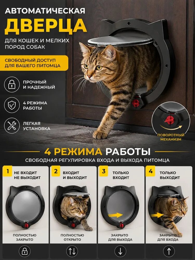 Дверца-лаз для кошки с термоизоляцией, 4 режима работы, 21 см. Регулировка доступа, шаблон для монтажа в комплекте. Утепленная дверца для домашних животных.