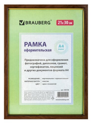 Рамка 21х30 см, пластик, багет 15 мм, BRAUBERG "HIT", орех с позолотой, стекло, 390708