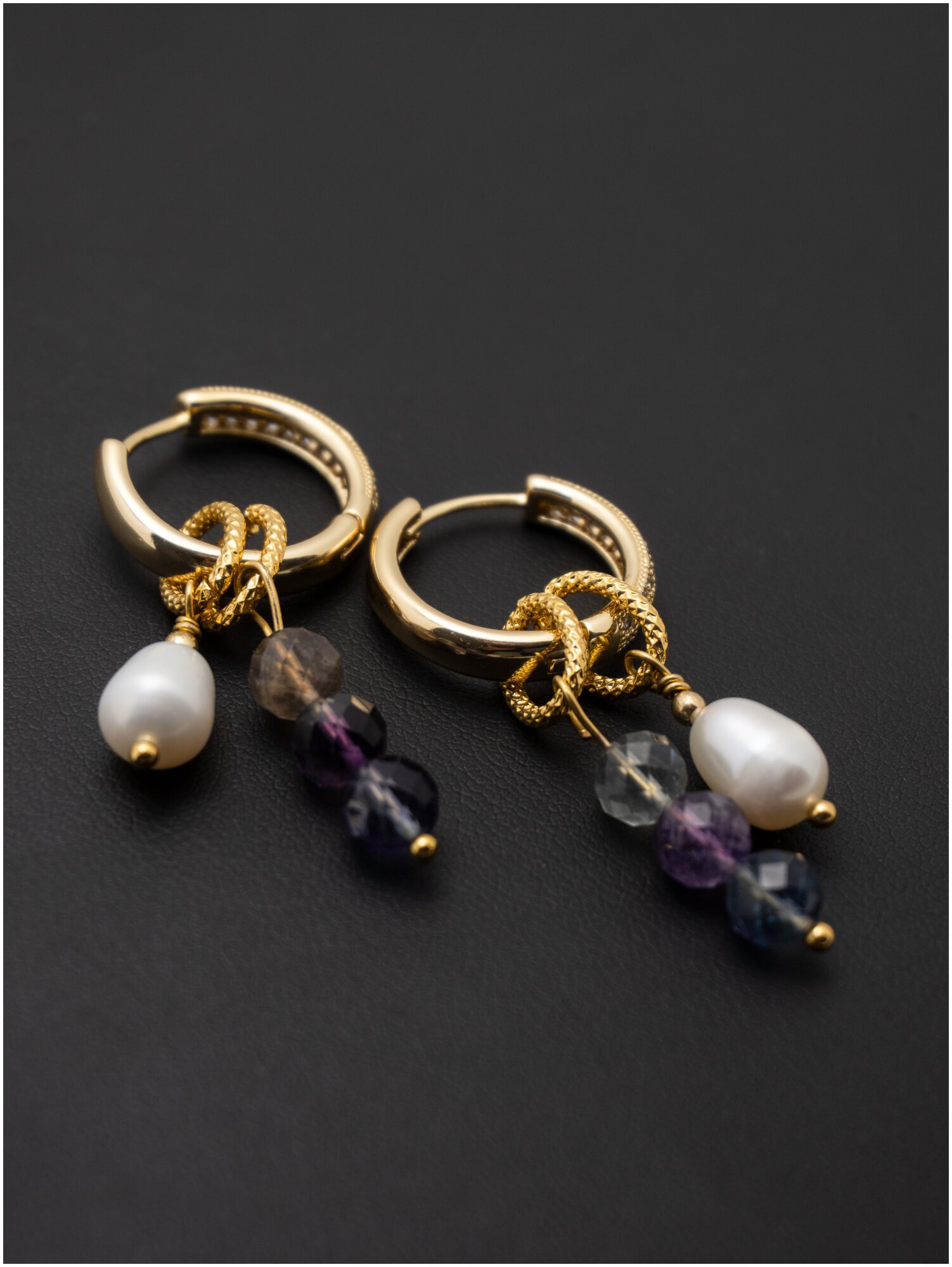 Серьги с подвесками, фианит, жемчуг пресноводный культивированный, флюорит