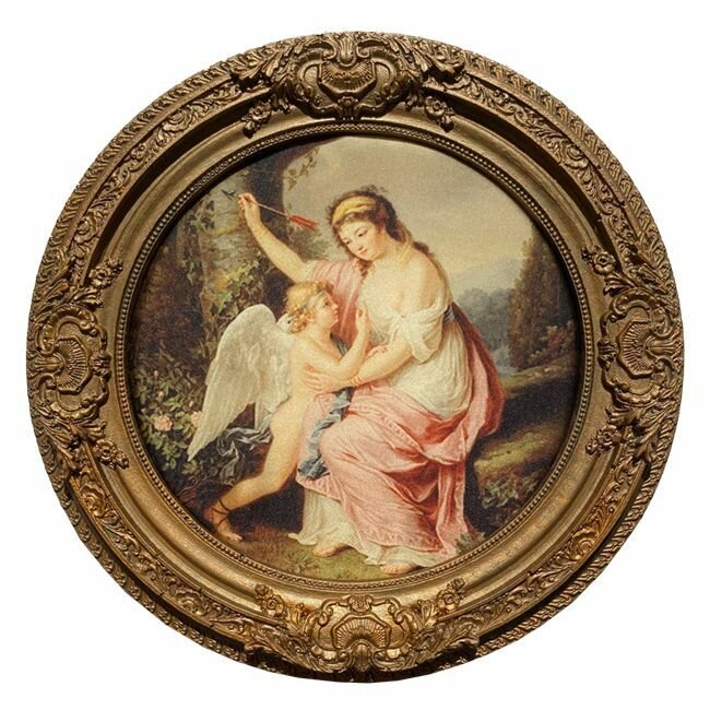 Картина на шелке в раме, "Женщина и купидон"