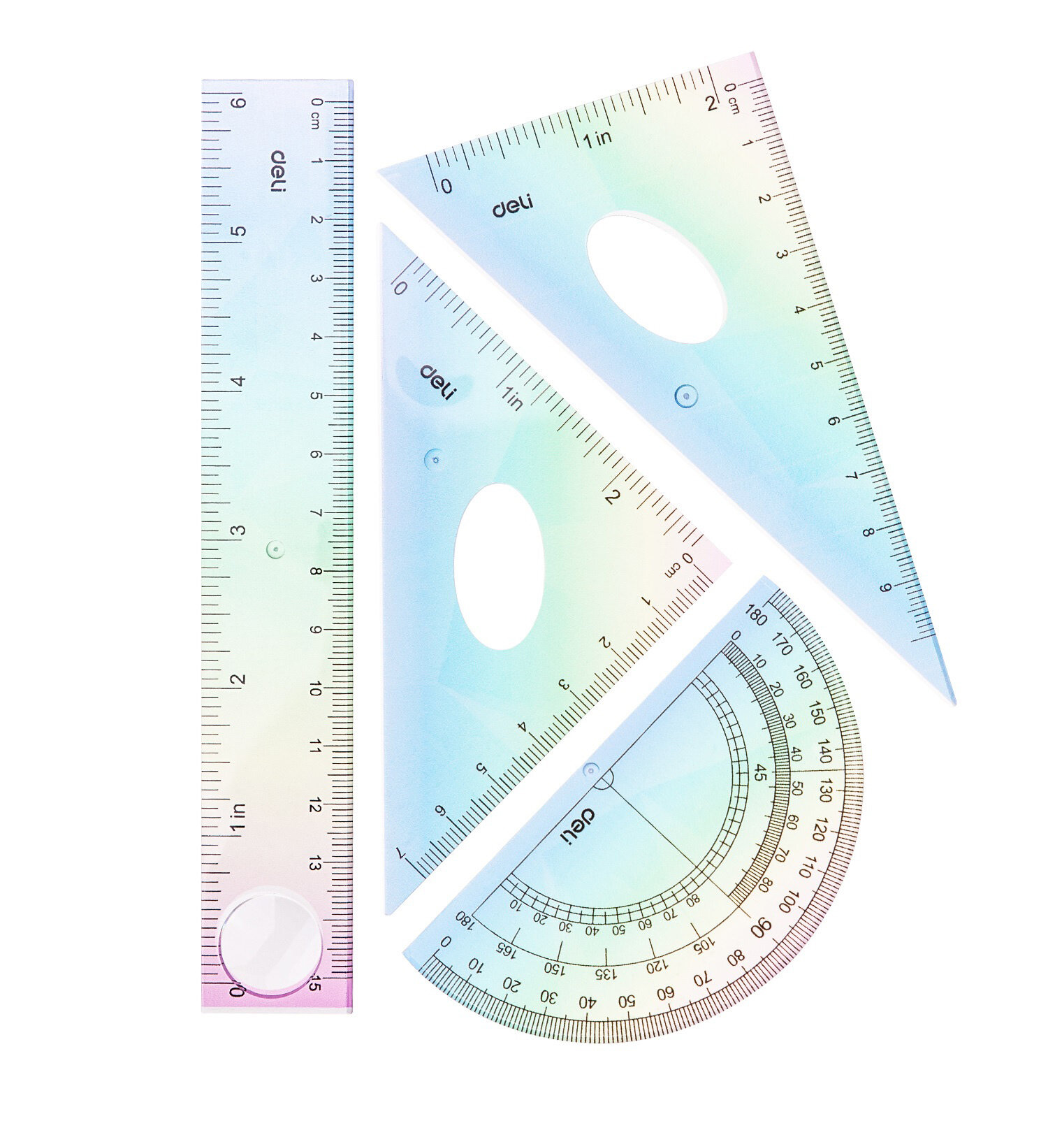 Набор линеек Deli EH652 пластик дл.15см ассорти компл: лин 15см/2 угольн/трансп пластиковый пакет с