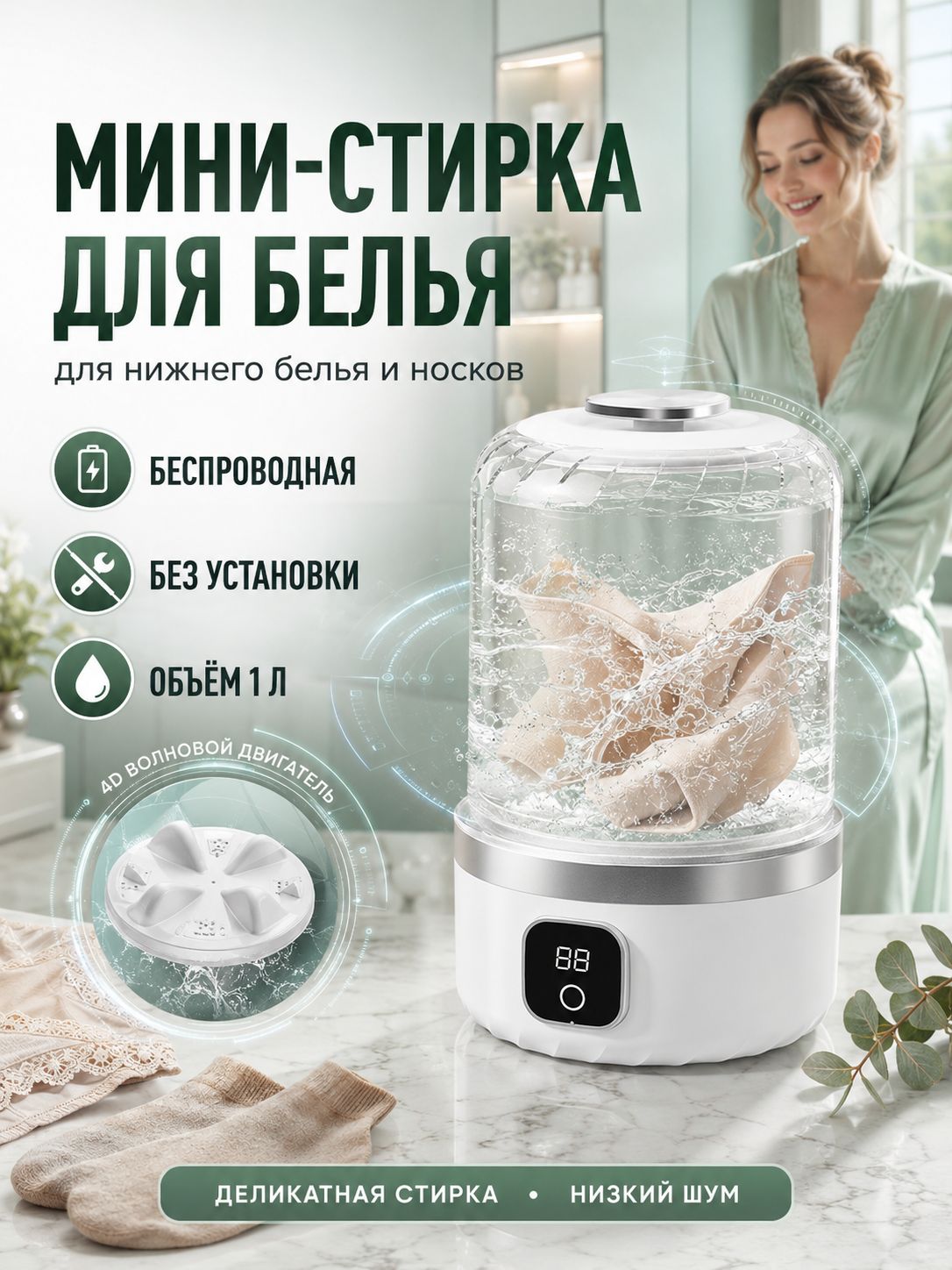 Мини-стиральная машина, беспроводной, портативная, 1 л, стираемое нижнее белье и трусики, для чистки детской одежды/нижнего белья/носков, белая