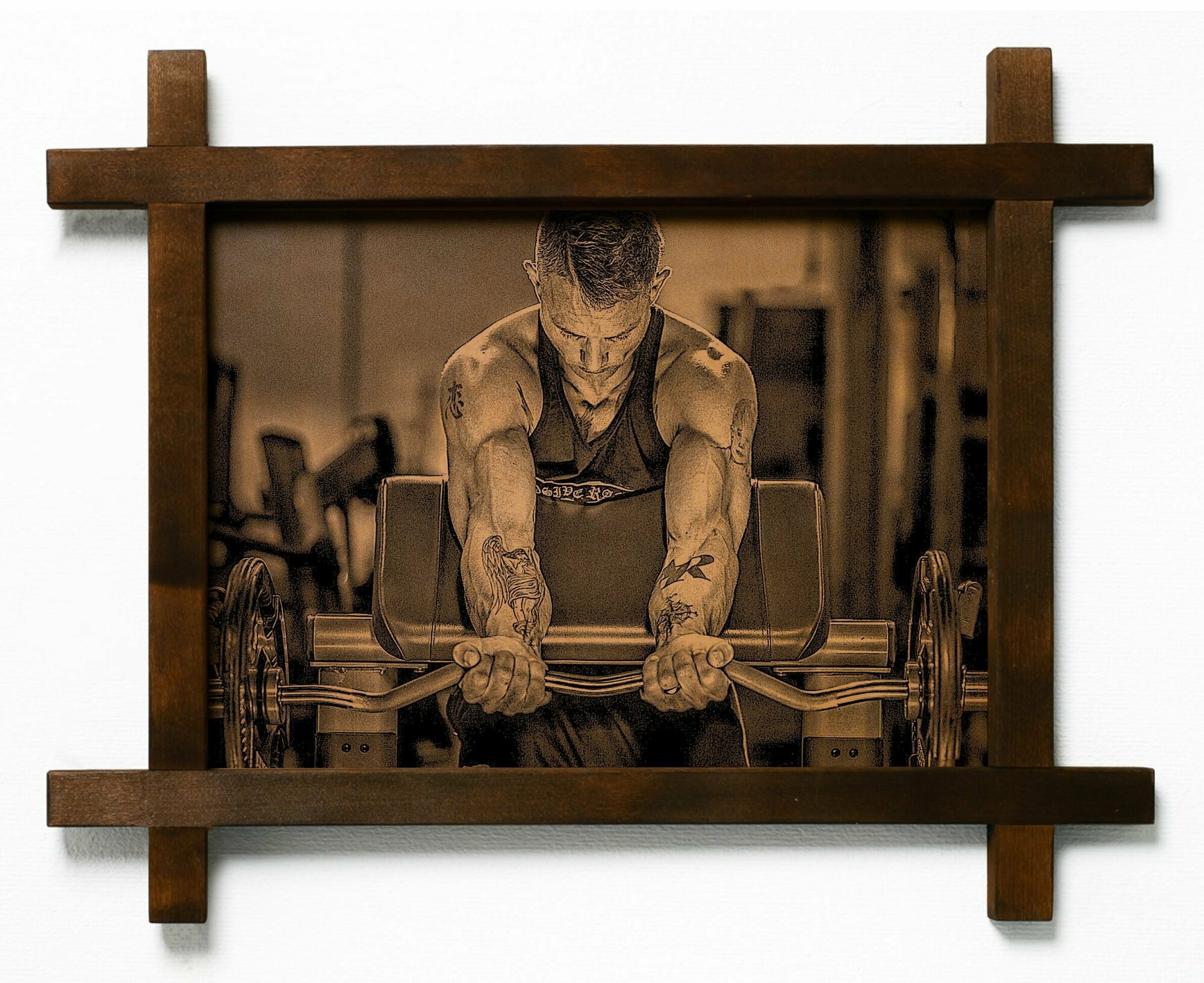 Интерьерная картина из натуральной кожи "Силовой спорт", декоративное настенное панно в деревянной раме, BoomGift