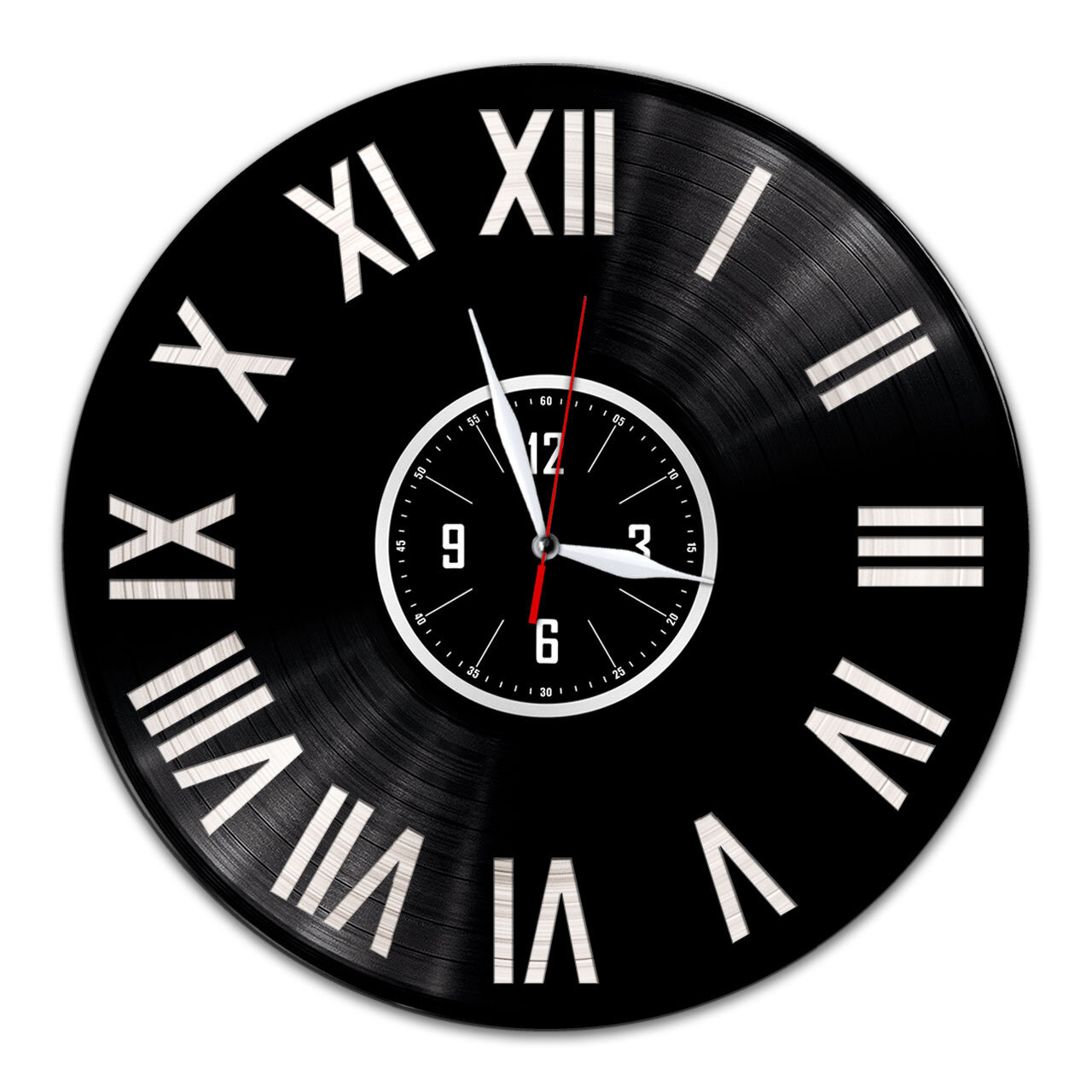 Римские цифры - настенные часы из виниловой пластинки (с серебряной подложкой)