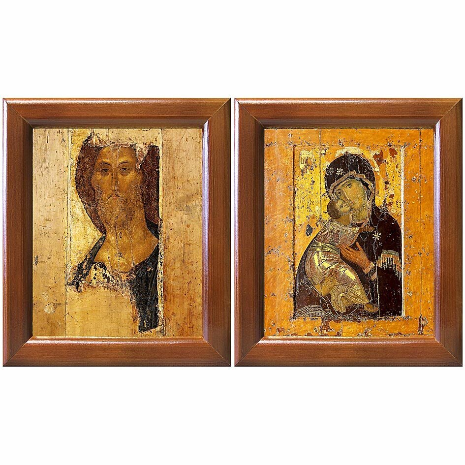 Венчальная пара "Спас Вседержитель (Андрей Рублев, 1410 г) - Владимирская икона Божией Матери (XII в)", две иконы в деревянных рамках 12,5*14,5 см