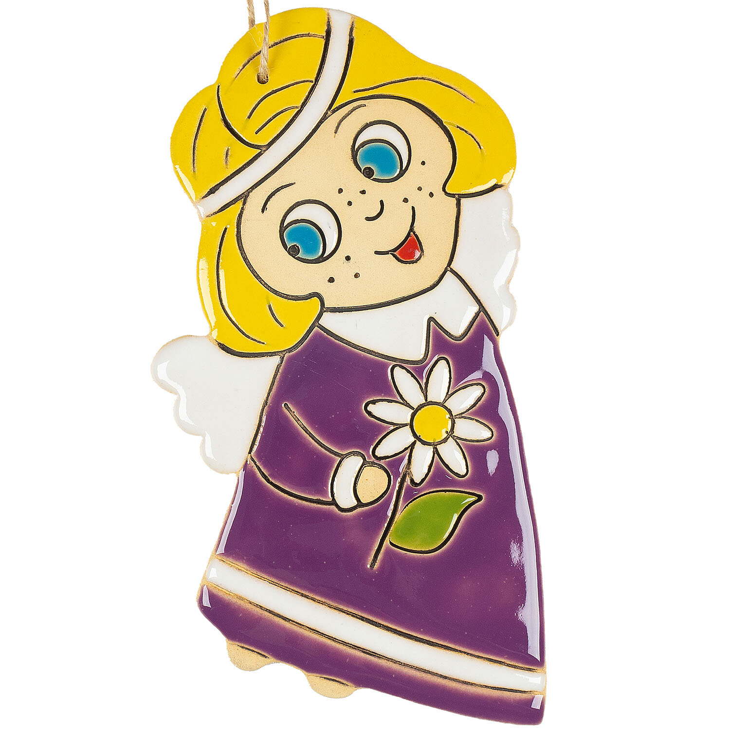 Панно декоративное Ангел с цветком в фиолетовом платье керамическое авторской ручной работы