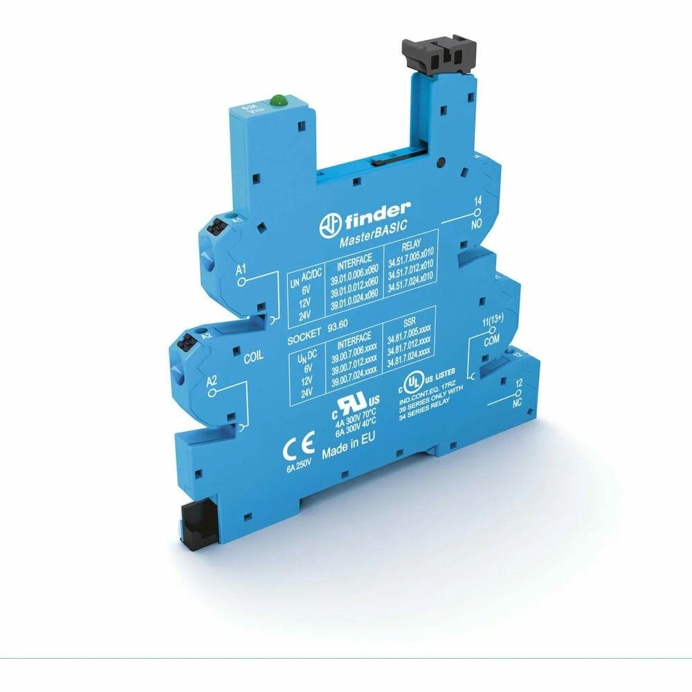 10 шт, 93607024 Finder, Розетка MasterBASIC с безвинтовыми клеммами Push-in для реле 34 серии; питание 24В DC; в комплекте пластиковая клипса; опции: LED