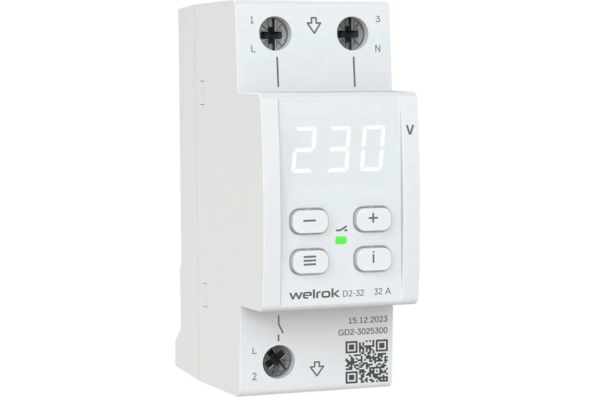 Welrok D2-32 Реле напряжения для защиты электросети 220В 50Гц, монтаж в щитке