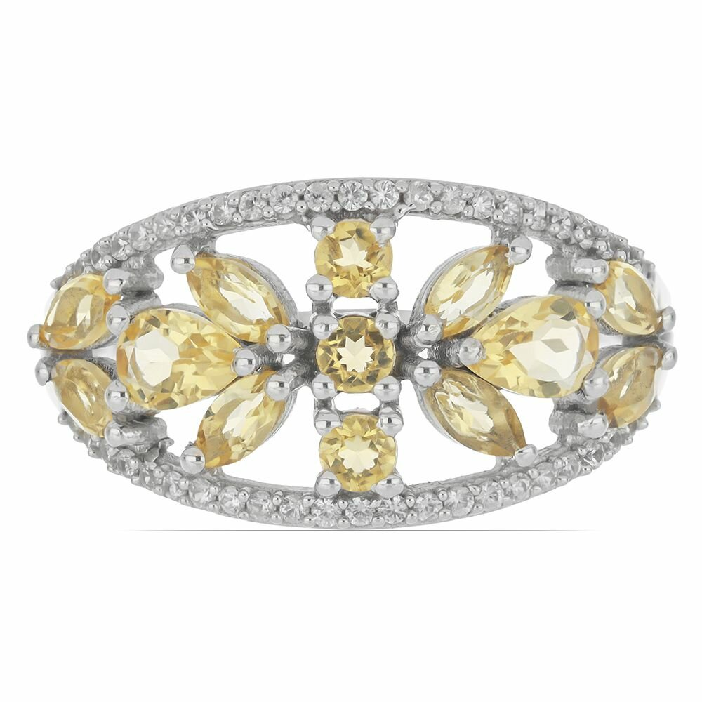 Кольцо, серебро, 925 проба, родирование, циркон, цитрин