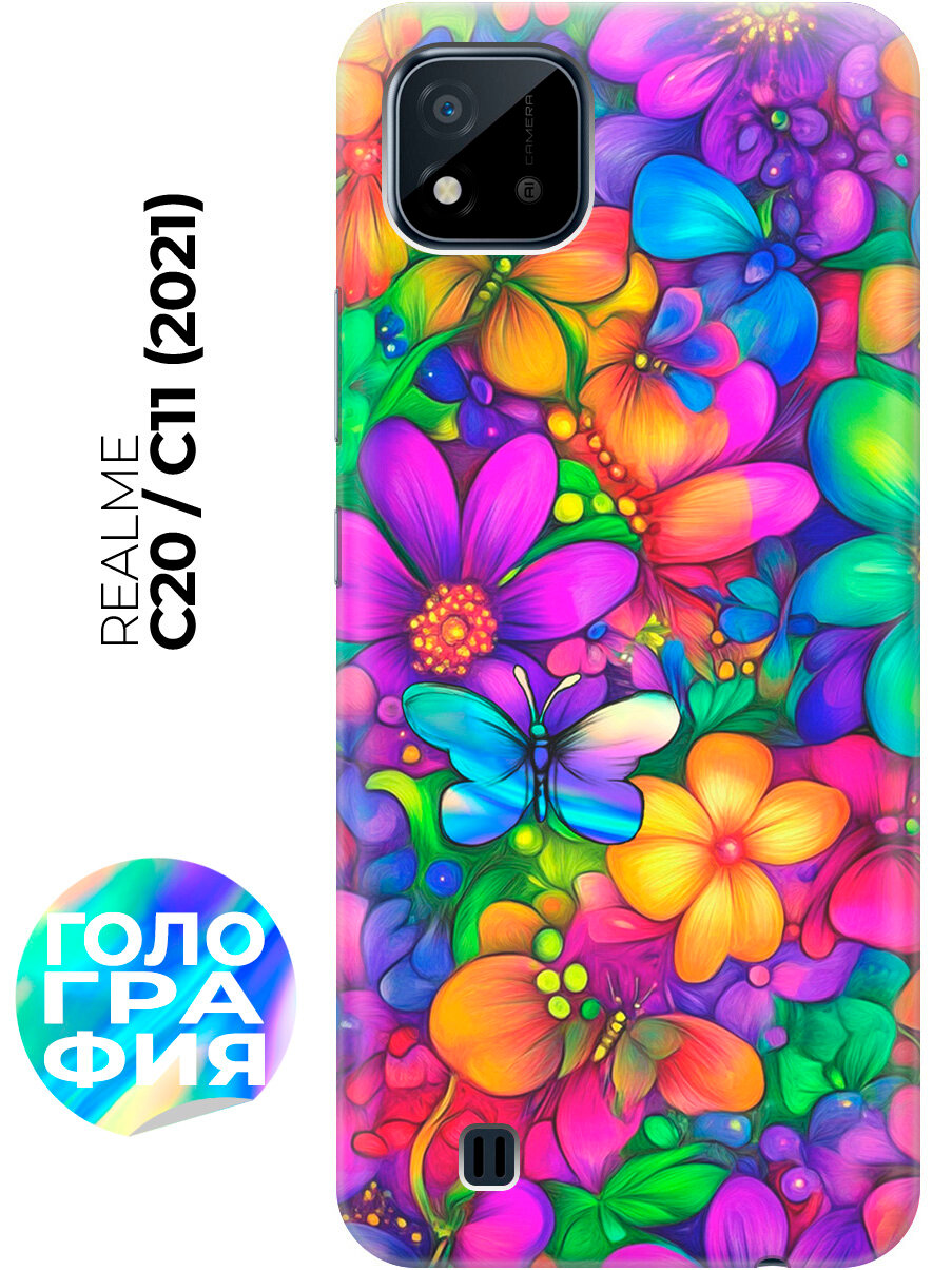 Силиконовый чехол на realme C20 / C11 (2021) с принтом "Бабочки и цветы" прозрачный