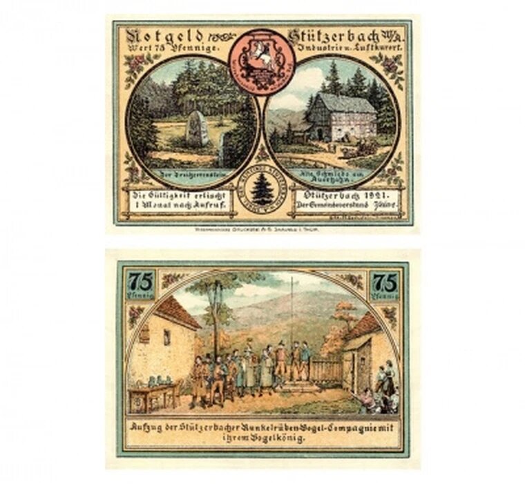 Нотгельд 75 пфеннигов 1921 Германия, Штютцербах, сувенирная копия, банкноты и купюры редкие коллекционные