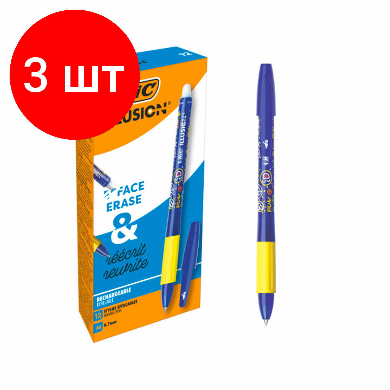 Комплект 3 шт, Ручка стираемая гелевая с грипом BIC Gelocity Illusion, синяя, корпус синий, линия 0.3мм, 516518