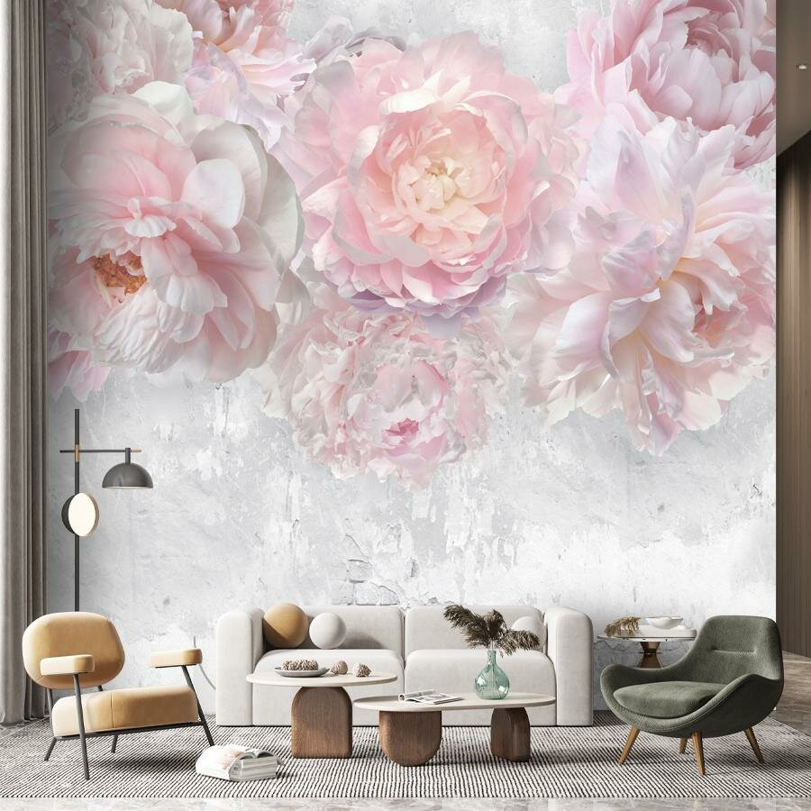 Фотообои Пионы на мраморном фоне 14-369-M-Песок 270 x 300 см (ВхШ) Метровые, флизелиновые, влагостойкие обои MasterFresok
