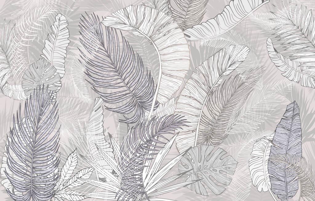Фотообои Черно-белые тропические листья 14-304-XXL-Флок 270 x 600 см (ВхШ) Бесшовные, флизелиновые, влагостойкие обои