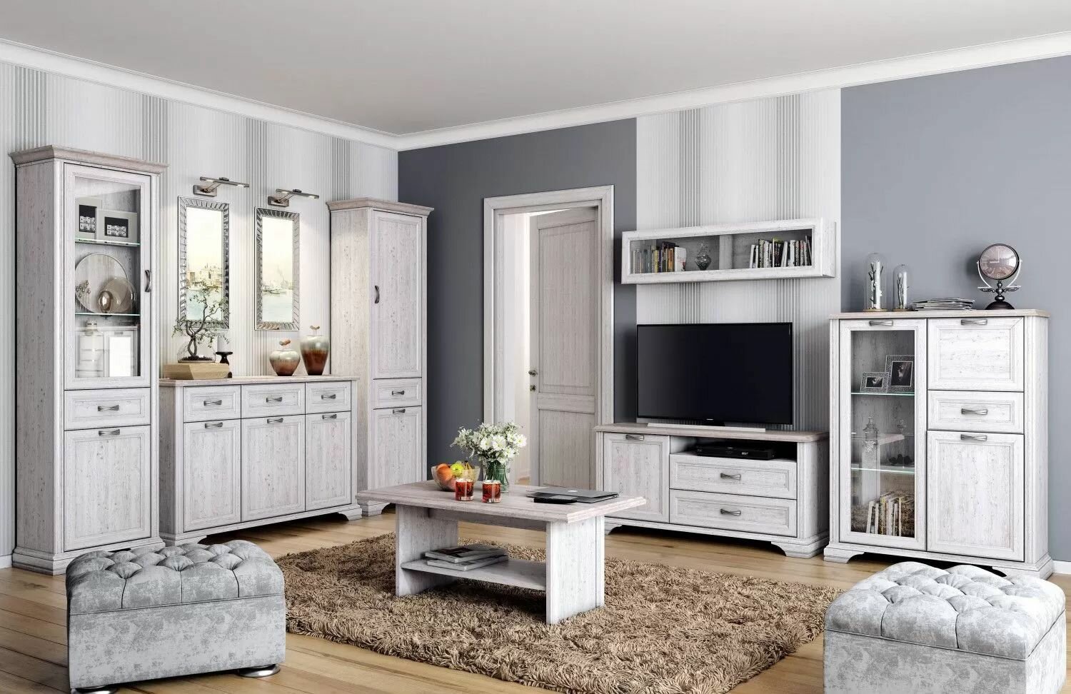 Гостиная Лилия комплект из 3 шкафов, 2 тумб, журнального стола и навесной полки