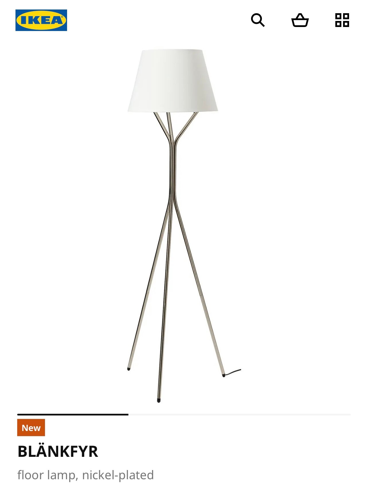 Торшер напольный IKEA BLÄNKFYR, 151 см, сталь никелированная, Е 27