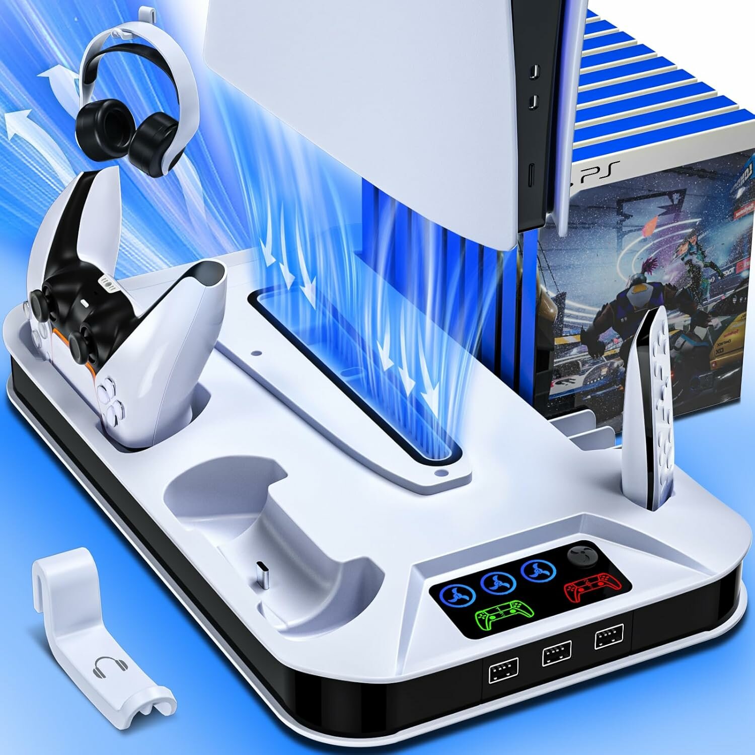 Кулер-станция для PS5 Slim с зарядкой контроллеров 3 USB-хаба + держатель для наушников + крепежный шуруп Совместим с PS5 Slim Disc/Digital Аксессуары для охлаждения и организации