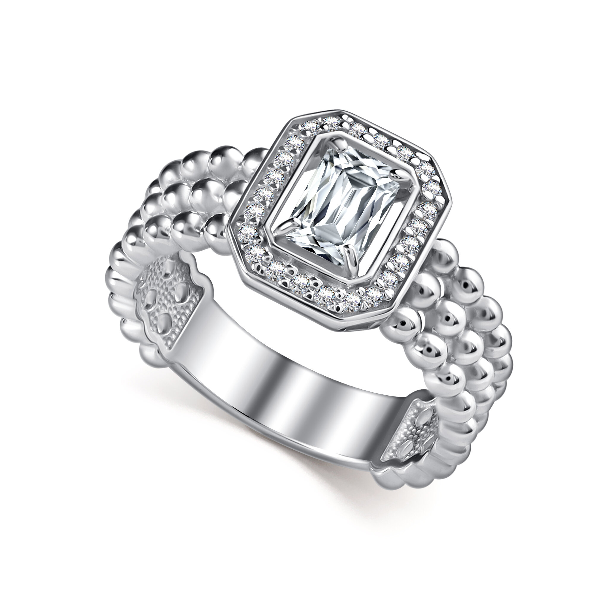 Кольцо, серебро, 925 проба, родирование, фианит, горный хрусталь