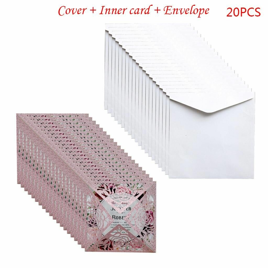 1 комплект из 20 предметов, пригласительный билет с полой розой на свадьбу, HK426, блестящая оболочка + внутренняя страница + конверт-розовый