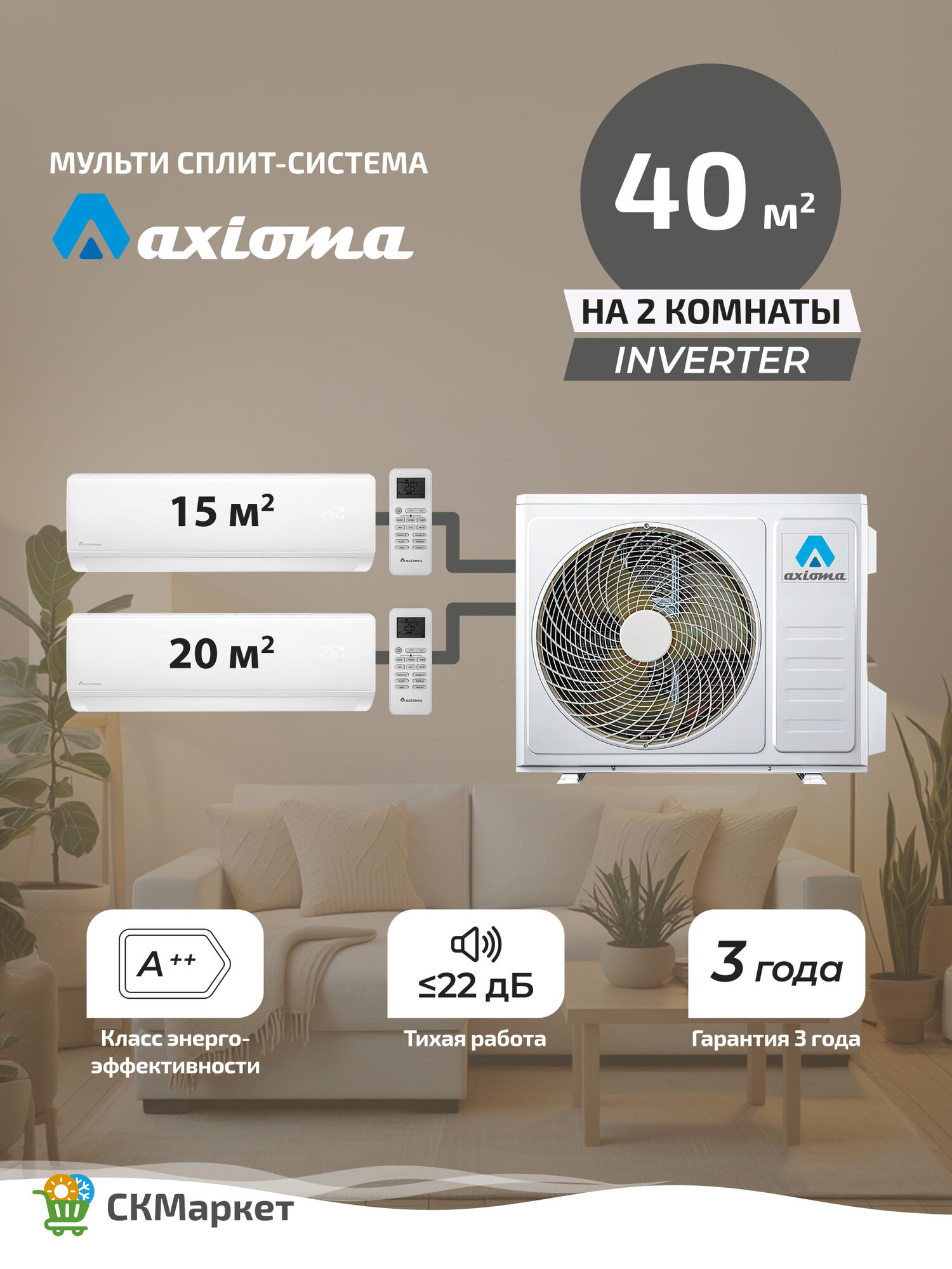 Мульти сплит система кондиционер на 2 комнаты (18+22) кв. м. AXIOMA ASX07MH1Z1R+ASX07MH1Z1R/ASB14M2Z1R1, инвертор