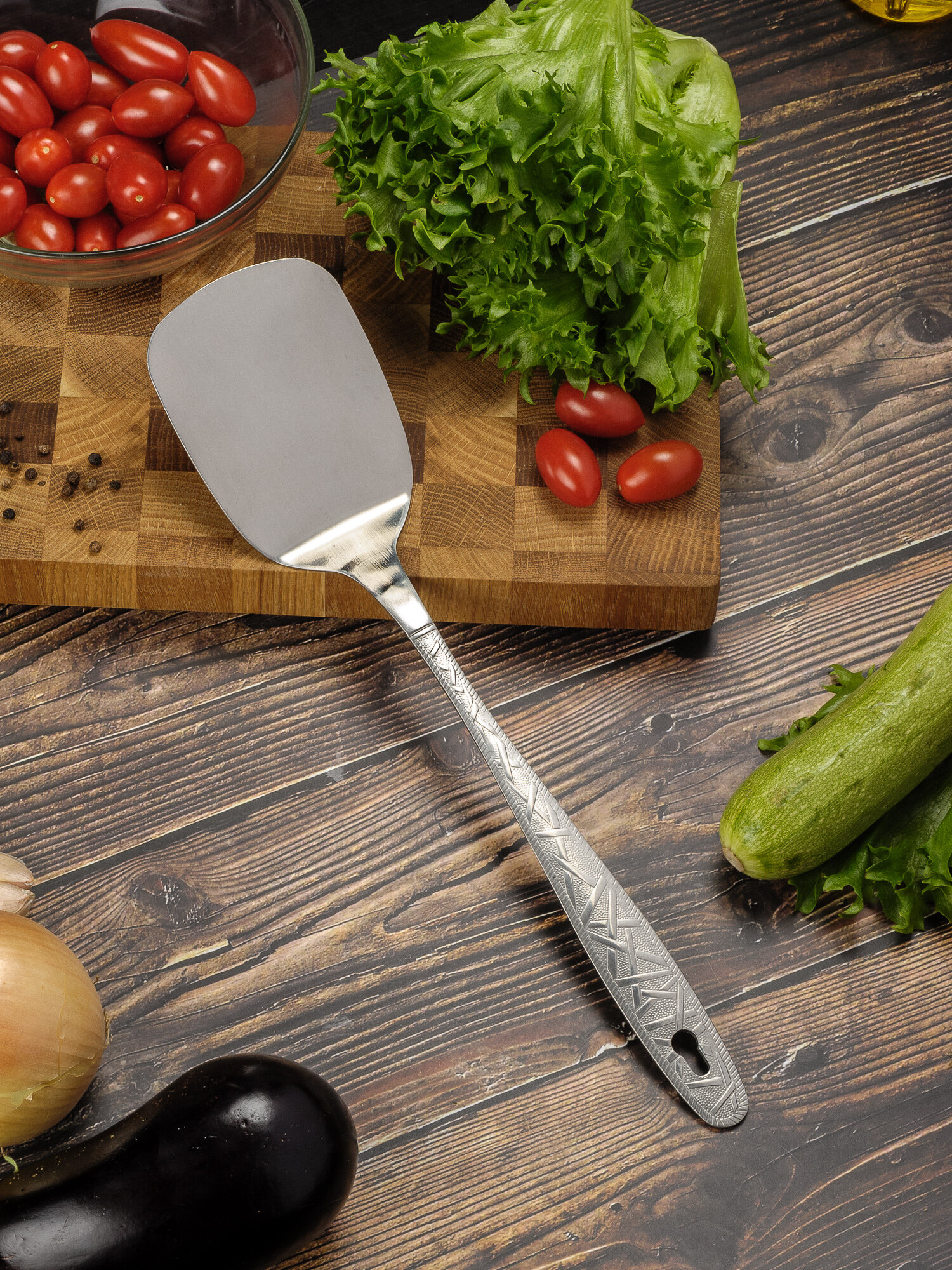 Лопатка кулинарная Mirus Group, нержавеющая сталь, серебристая, 34x7 см