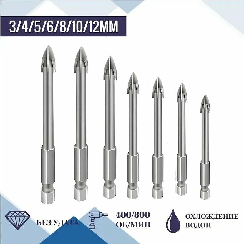 Набор сверло по керамике, стеклу и плитке металл 3-4-5-6-8-10-12мм. Перо 4х-гранное
