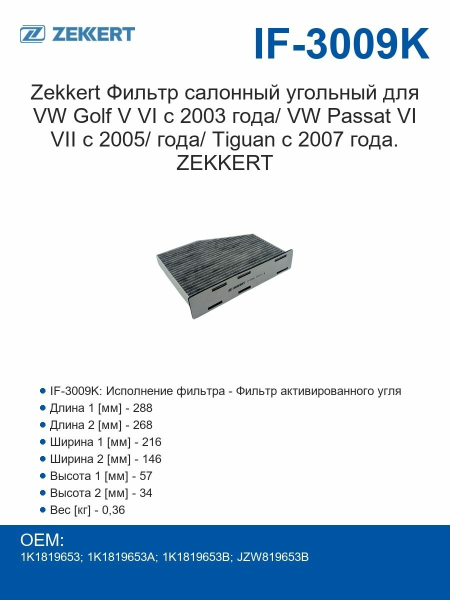 Zekkert Фильтр салонный угольный для VW Golf V VI с 2003 года/ VW Passat VI VII с 2005/ года/ Tiguan с 2007 года. ZEKKERT
