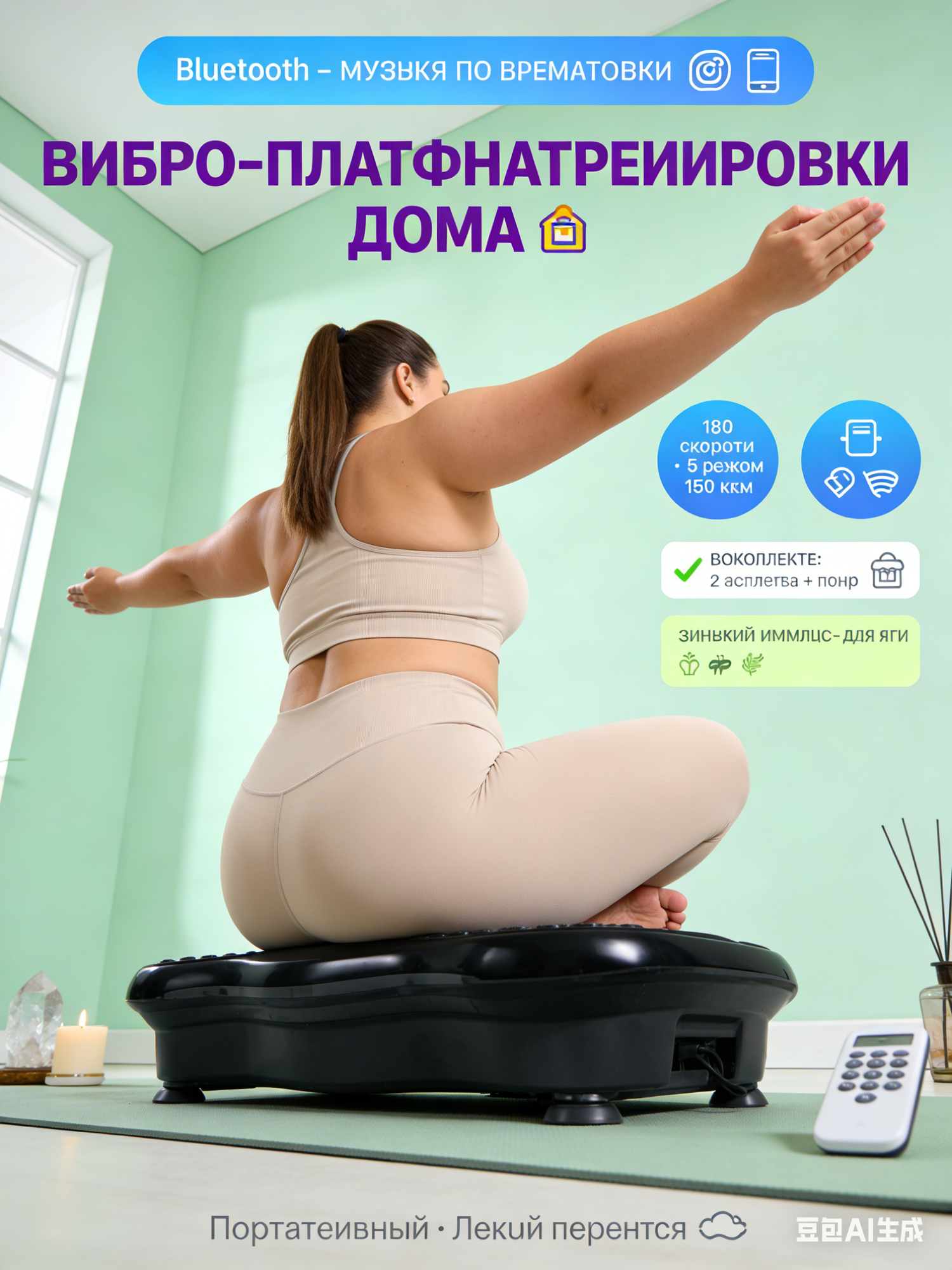 Виброплатформа для похудения, тренажёр для занятий дома, 99 скоростей, эспандеры 2 шт, черный с Bluetooth