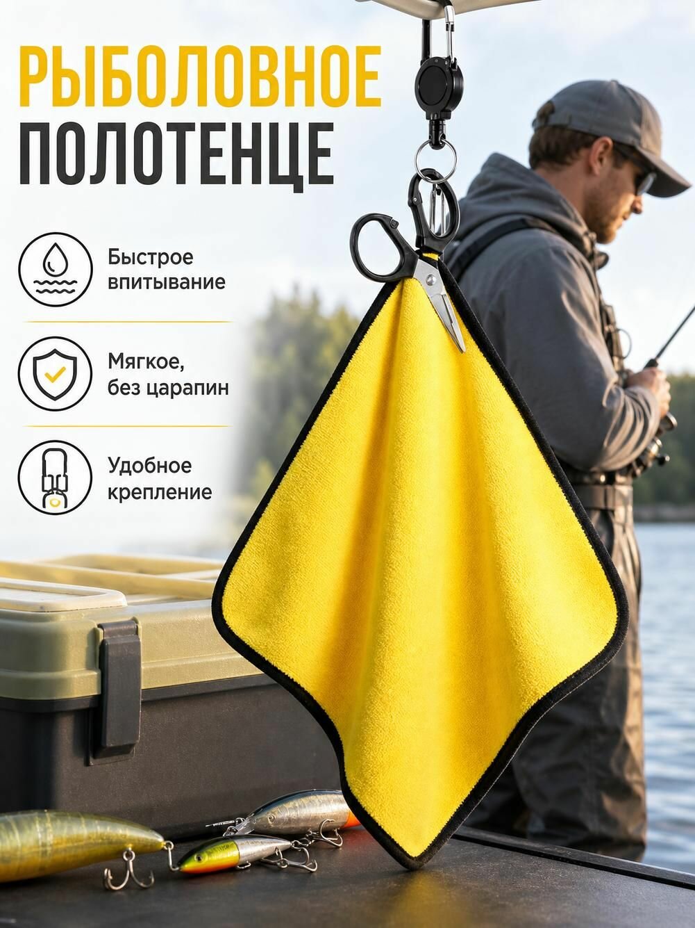 Микрофибрное полотенце 30x30 см для рыбалки с карабином, жёлтое