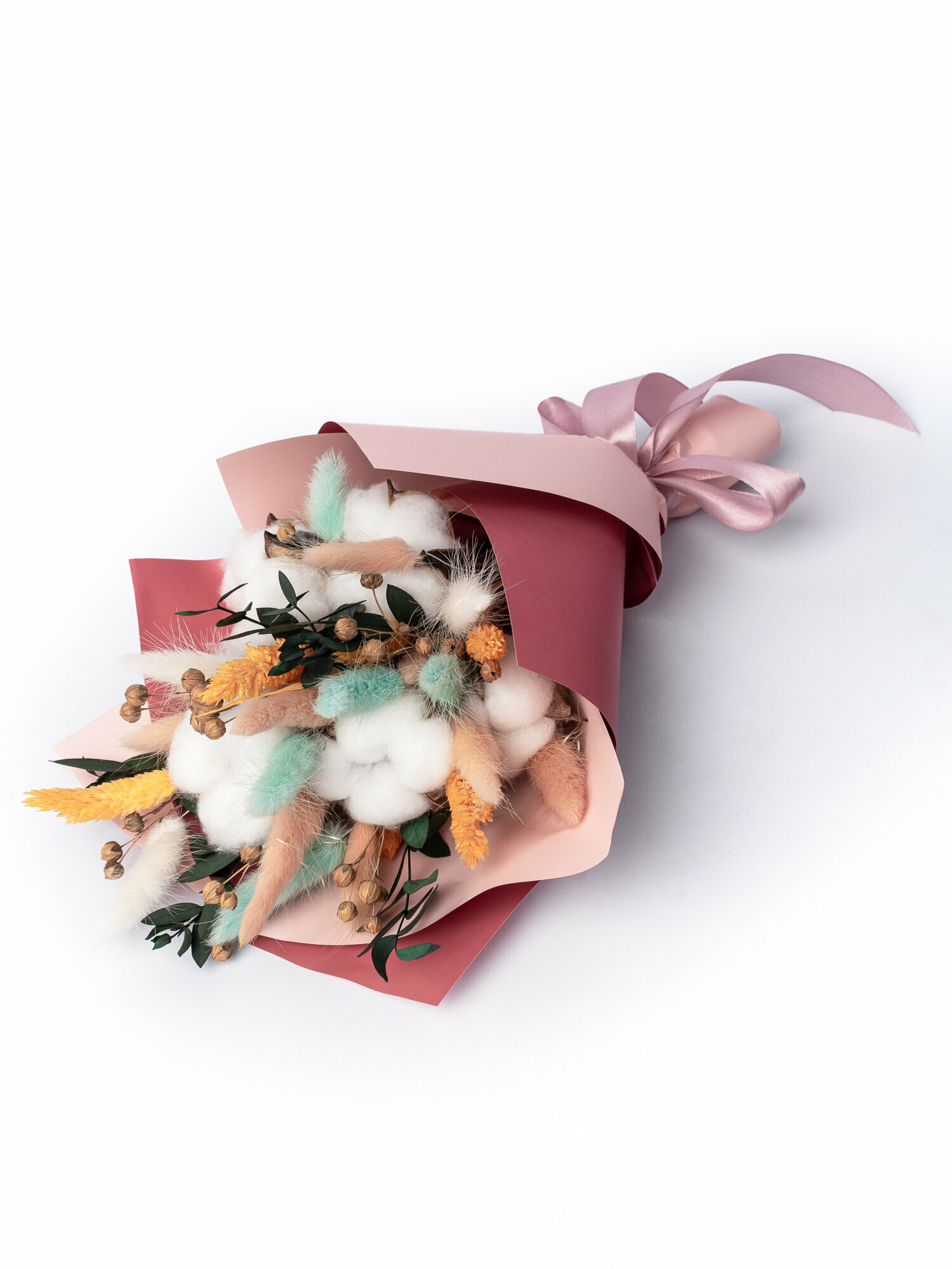 Букет сухоцветов в подарок Trava Decor хлопок, лагурус, эвкалипт, лен, фаларис, подарочная упаковка 33*25*10см