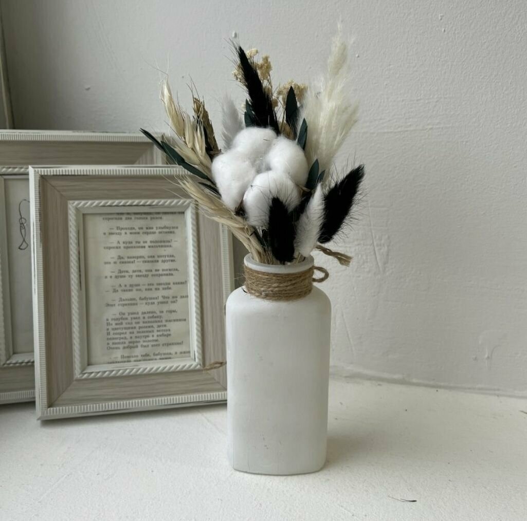 Долговечный букет сухоцветов для декора интерьера Trava Decor хлопок, лагурус, эвкалипт, гипсофила, подарочная упаковка