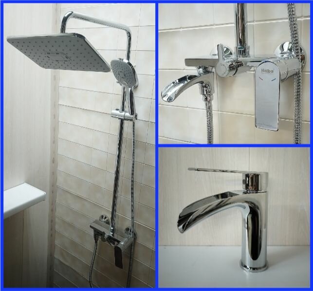 Комплект "Душевая система+смеситель для раковины" с каскадным изливом HAIBA HB23505+HB13505 латунь, цвет-глянцевый хром.