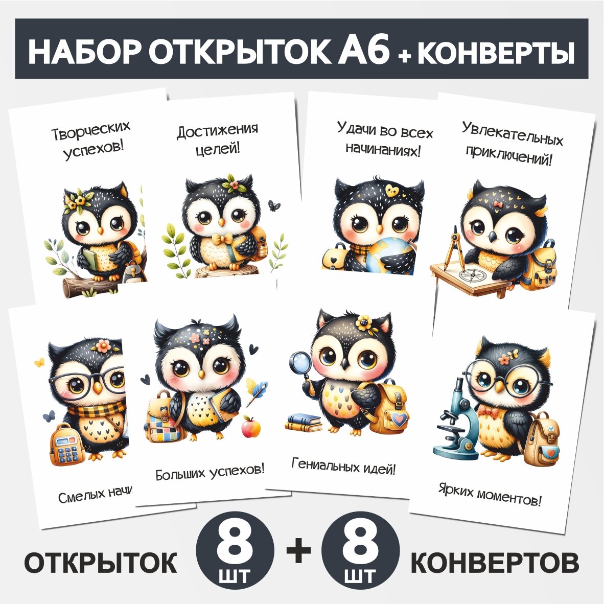 Набор: открытки А6 - 8 шт, конверт С6 - 8 шт, выпускнику на 1 сентября и День Рождения, Школьная сова #000 - №1, postcard_8_school_owls_#000_А6_set_1