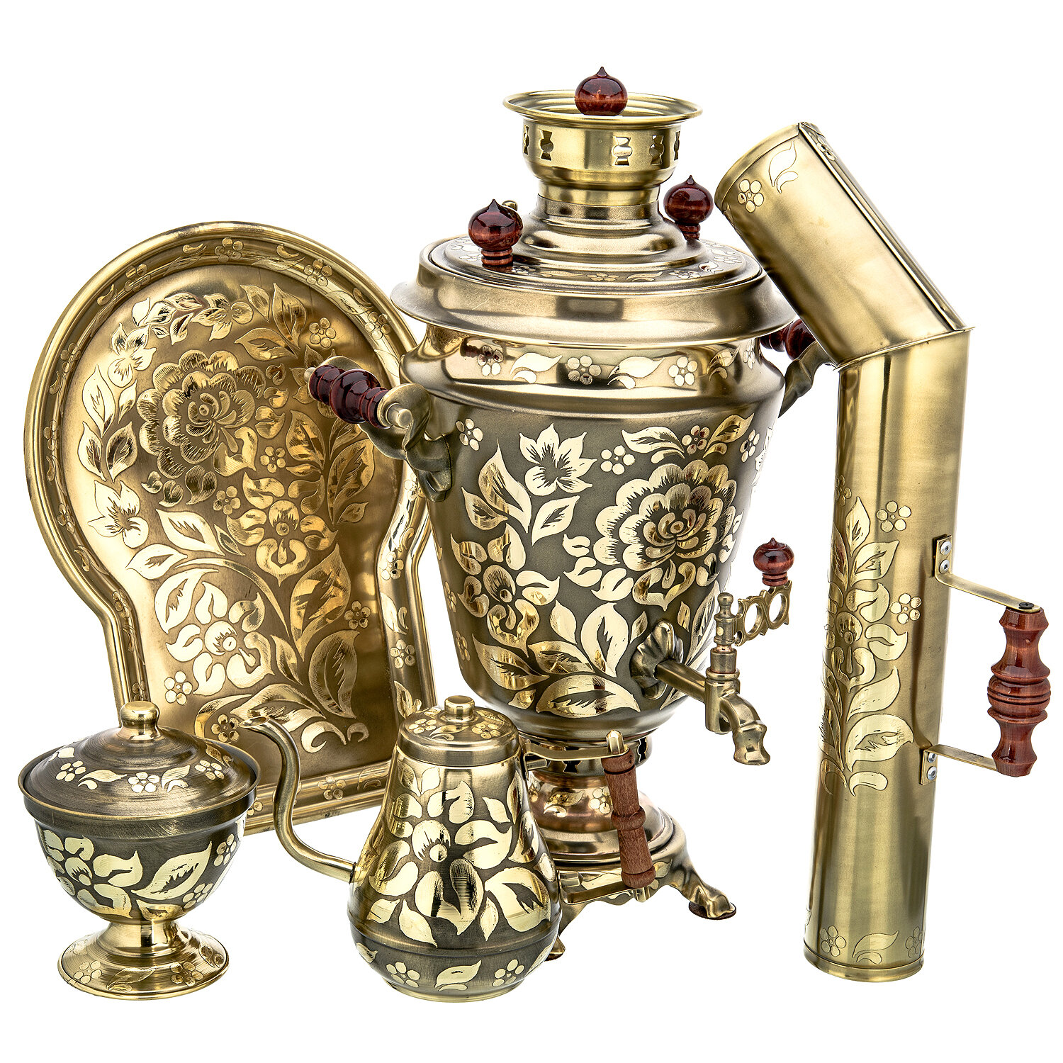 Самовар латунный жаровой 5л "Цветы". Форма Рюмка