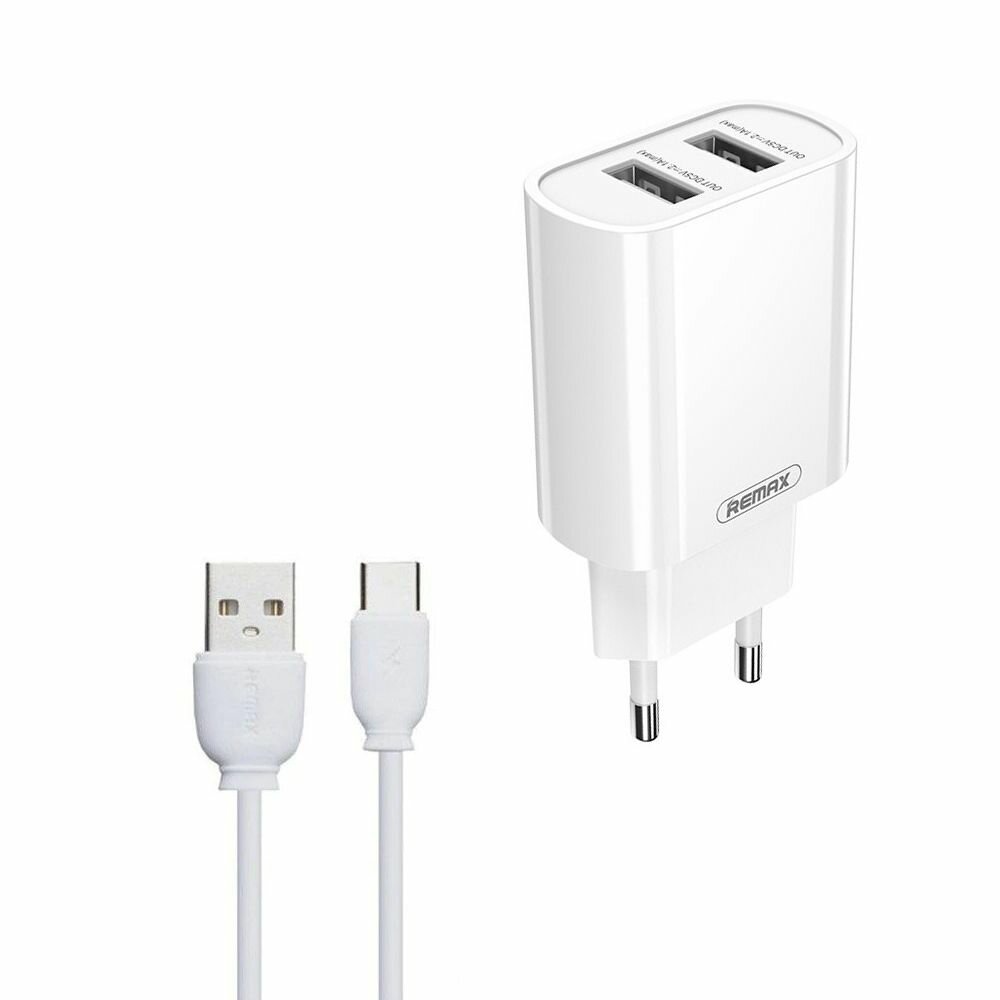 Сетевое зарядное устройство с 2-USB выходами Remax RP-U35 ток зарядки 2.1А + кабель USB Type-C, белый