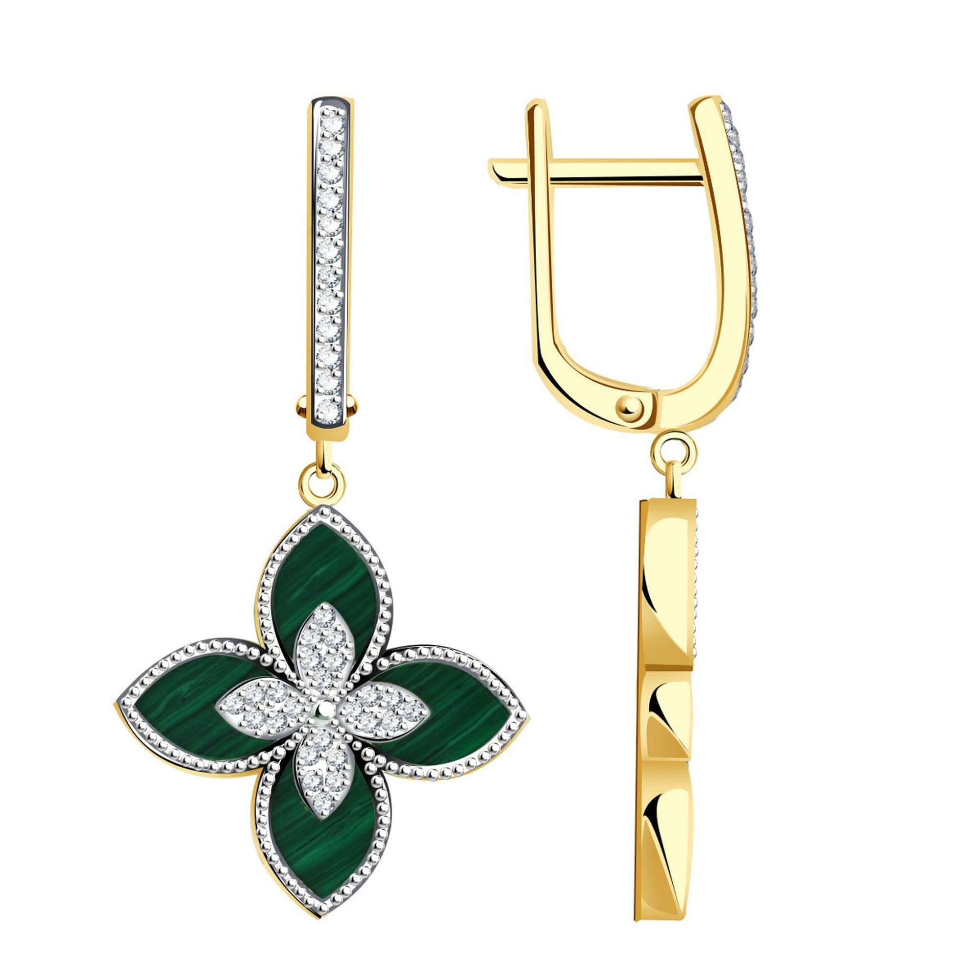 Серьги, желтое золото, 585 проба, малахит, фианит