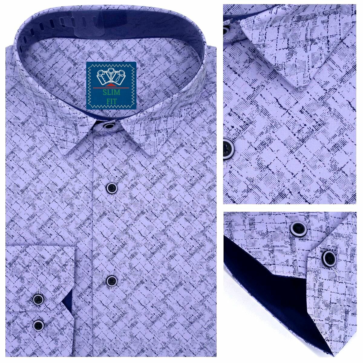 Рубашка приталенная с длинным рукавом мужская рубашка, светлая сорочка, на пуговицах, рубаха на любой сезон, фиолетовая с принтом, без карманов, на любой сезон и на лето рубашка Slim fit с приталенным кроем з
