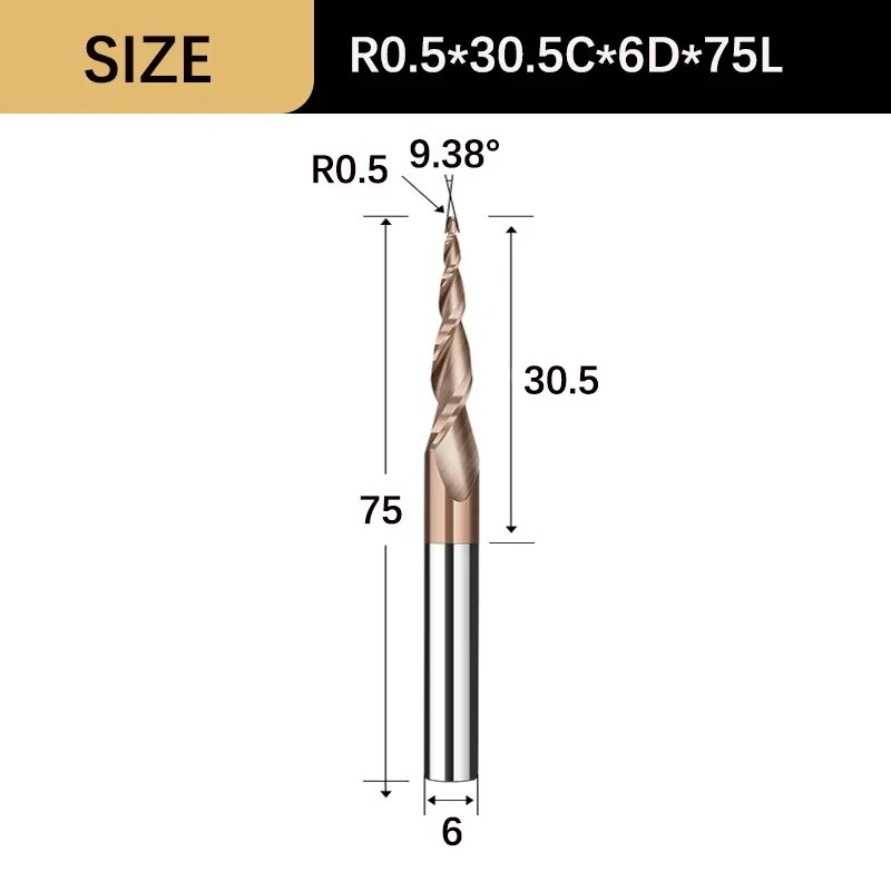 Vsharp Коническая сферическая фреза 6 мм 2-х канальная для 3D резки по дереву R0.5x30.5Cx6Dx75L